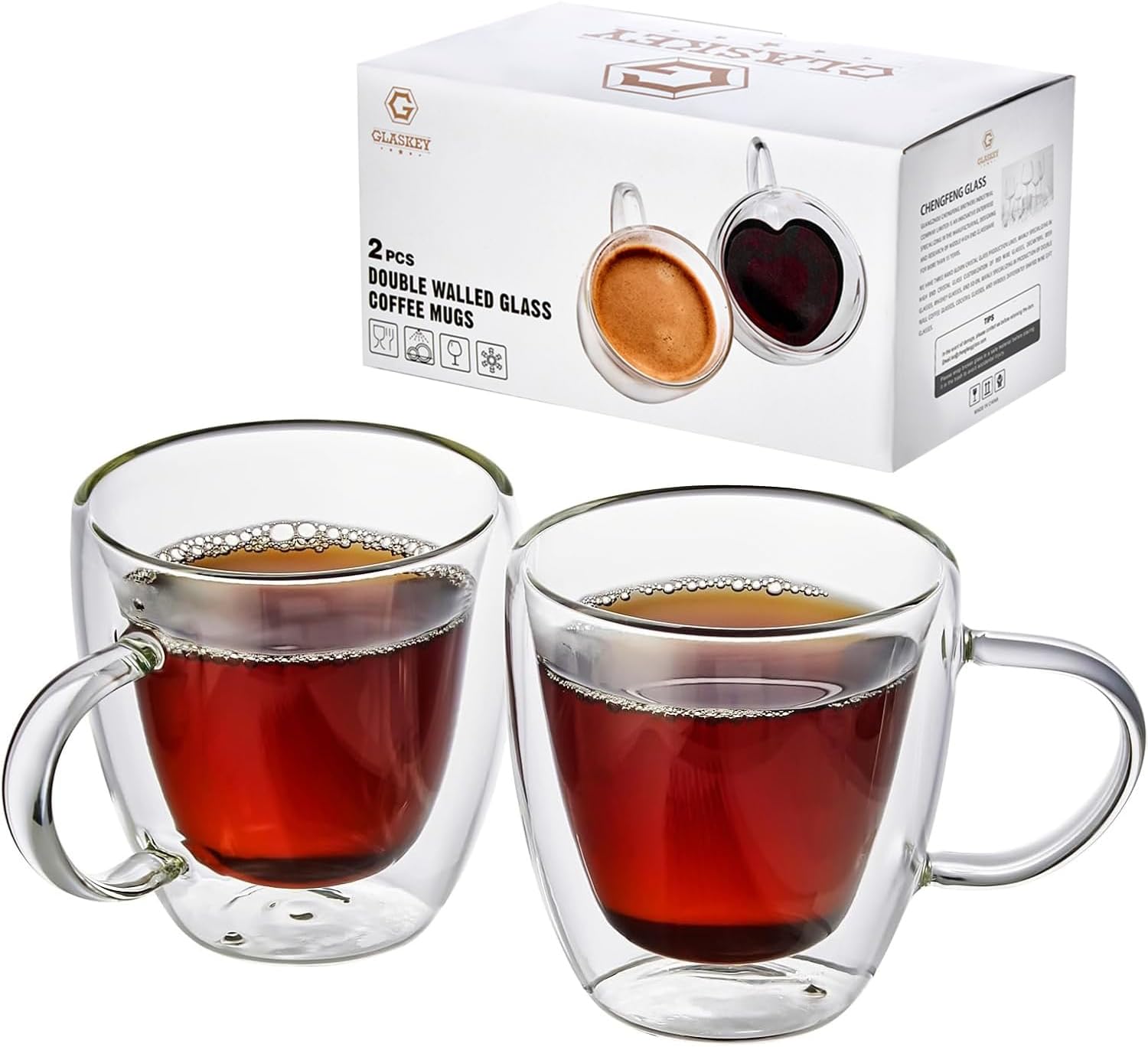 Amazon.com | GLASKEY Double Wall Glass Coffee Mugs Set of 2, 5 oz ...