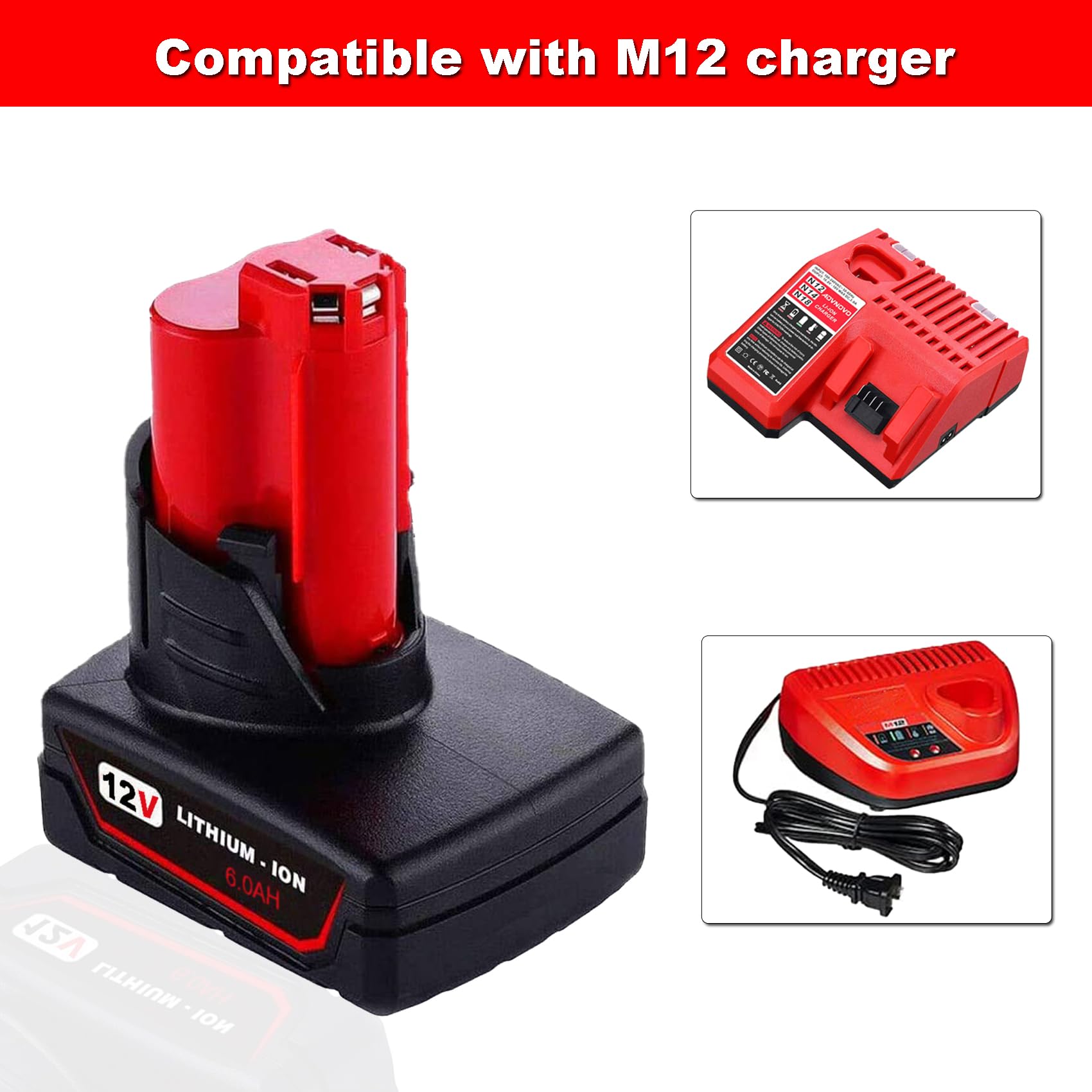 DV8DKV7 2 Packs Replace for Milwaukee M12 12 Volt Cordless Tools 6.0Ah ...