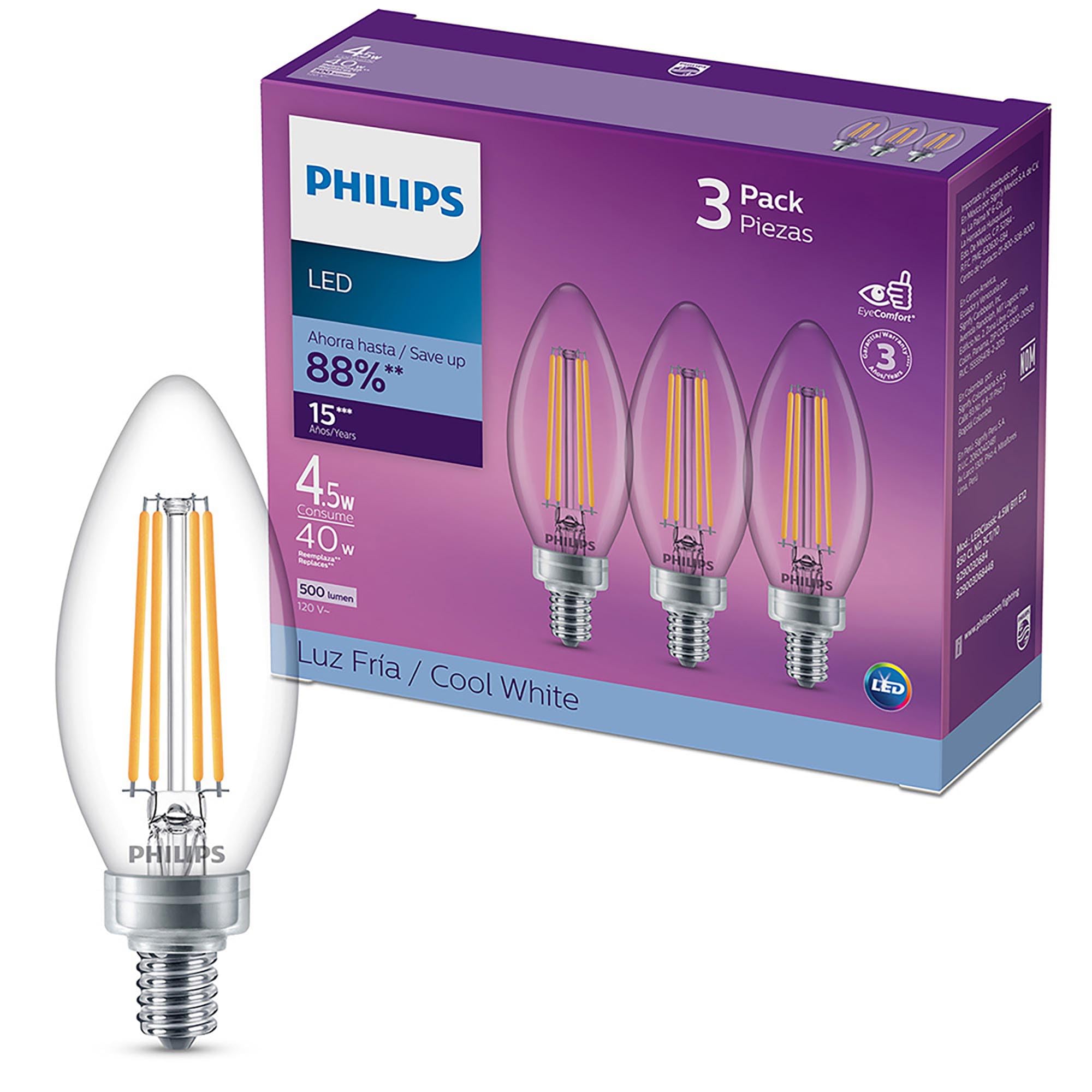 Philips LED 3 Pack Foco Filamento base E27 luz fría- Focos decorativos ...