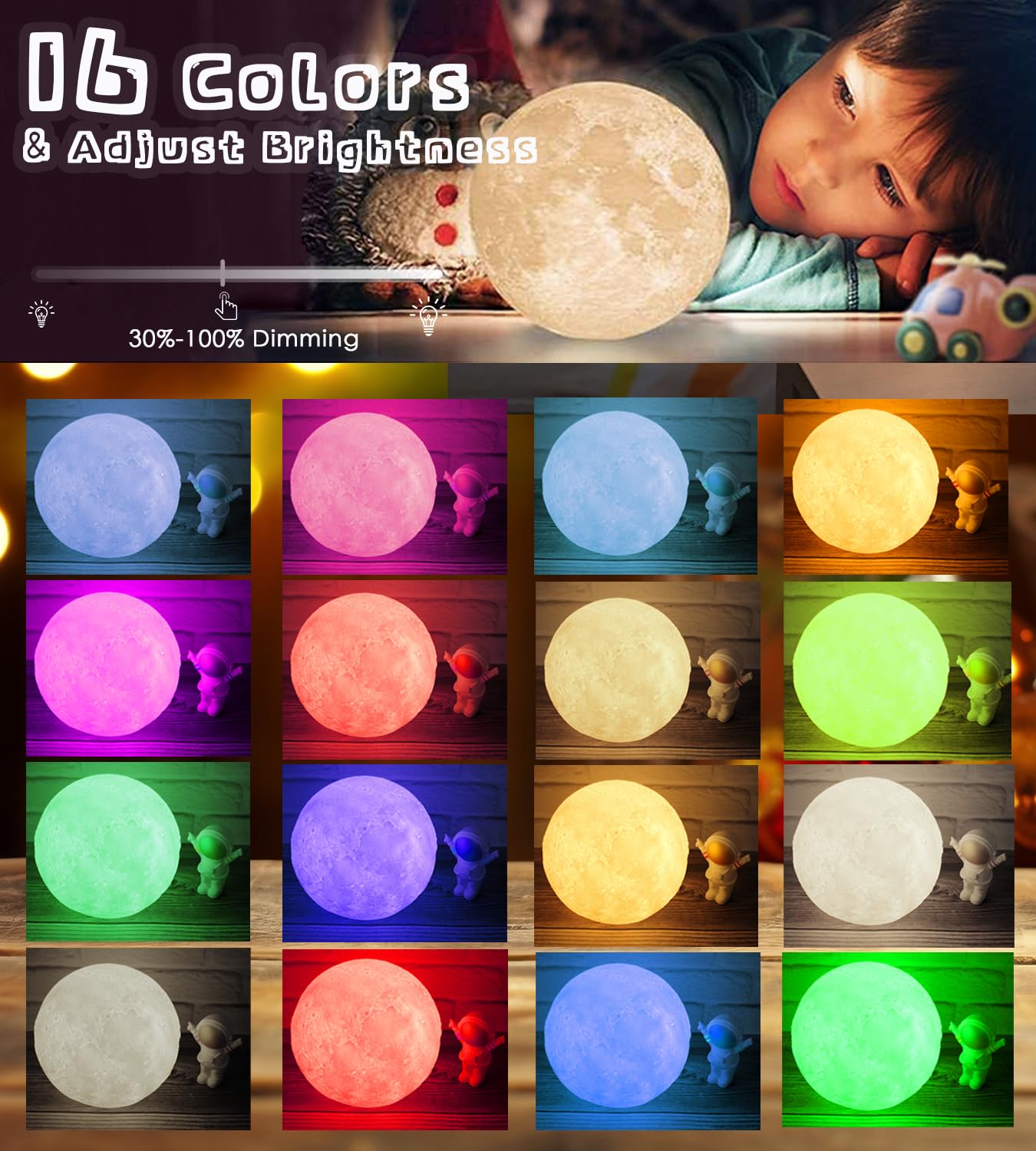 Moon Lamp, 16 Color 3D Printed Moon Night Light, Rechargeable LED Moon ...