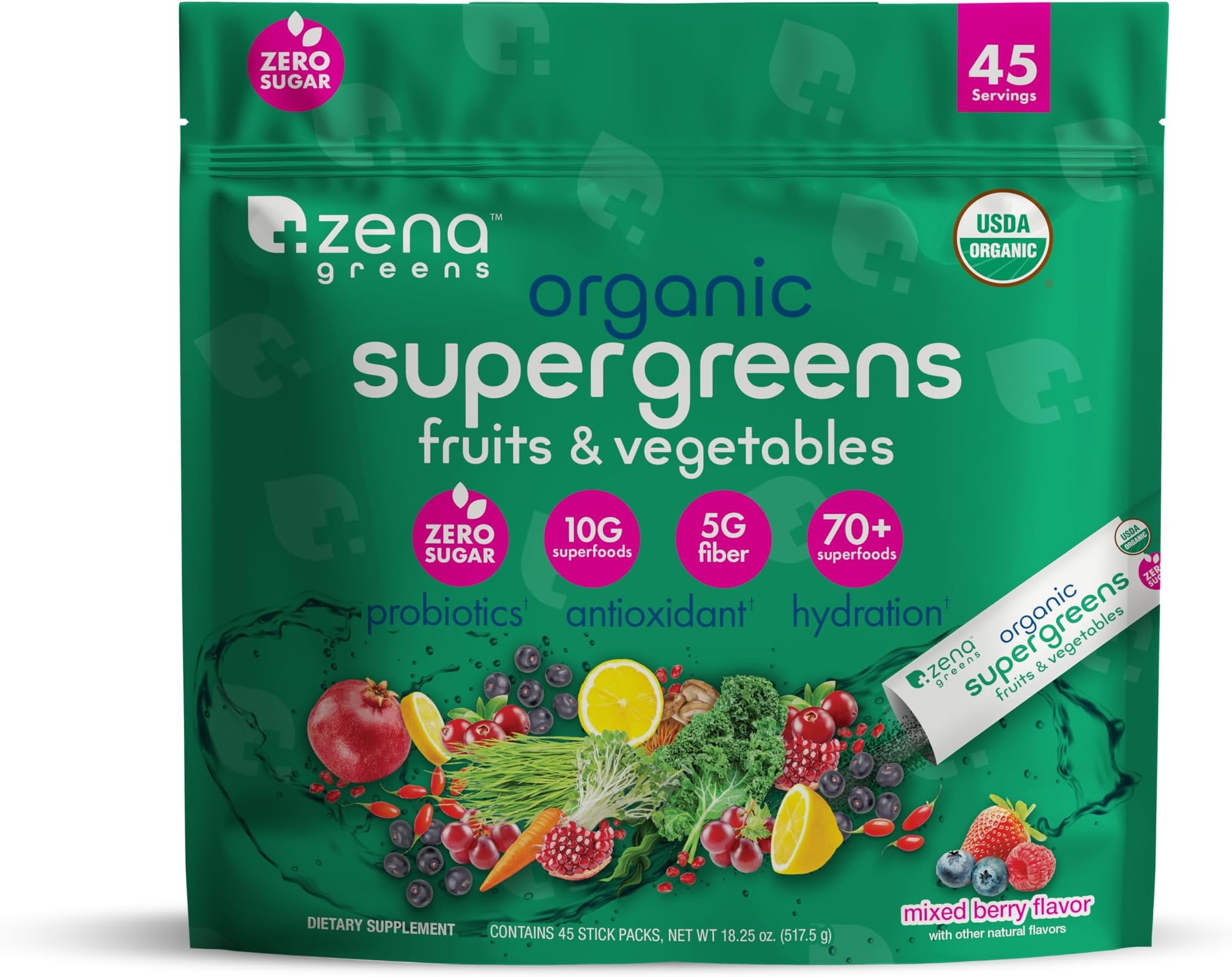 Amazon.com: Zena Organic Super Greens Powder, 70+ Superfoods Drink Mix ...