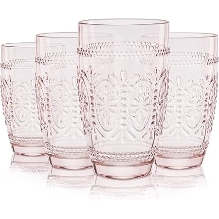 Amazon.com | 6 Pack Pink Glassware Drinking, 12oz Highball Embossed ...