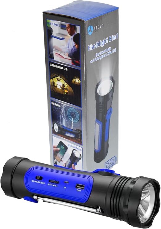 Amazon.com: Azpen 8-in-1 Flashlight with Solar Charging, Crank Charging ...