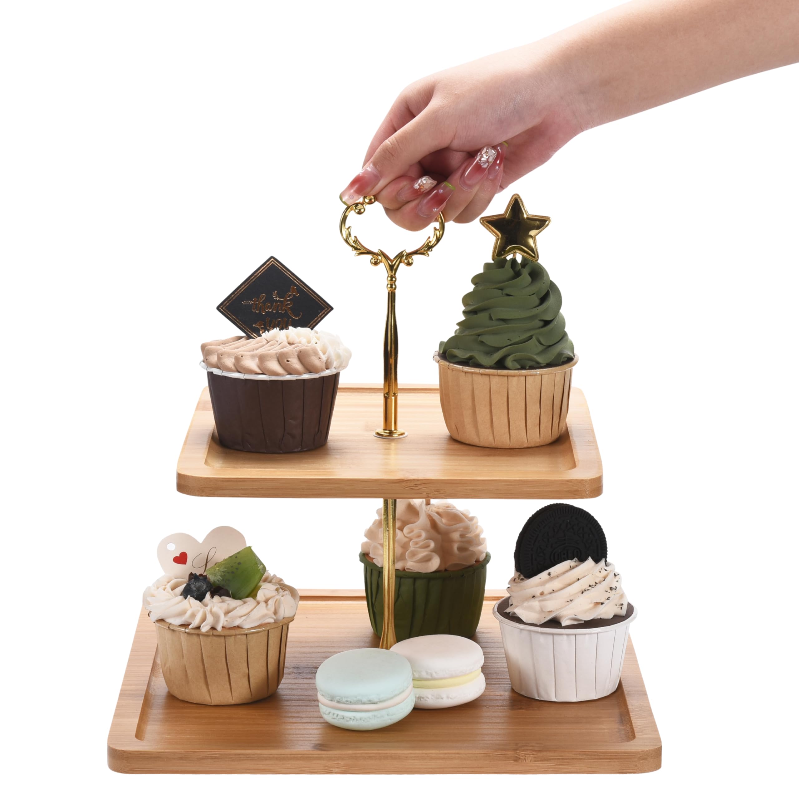 Amazon.com: Hallops 2-Tiered Serving Tray - Wood and Metal Cake Stand ...