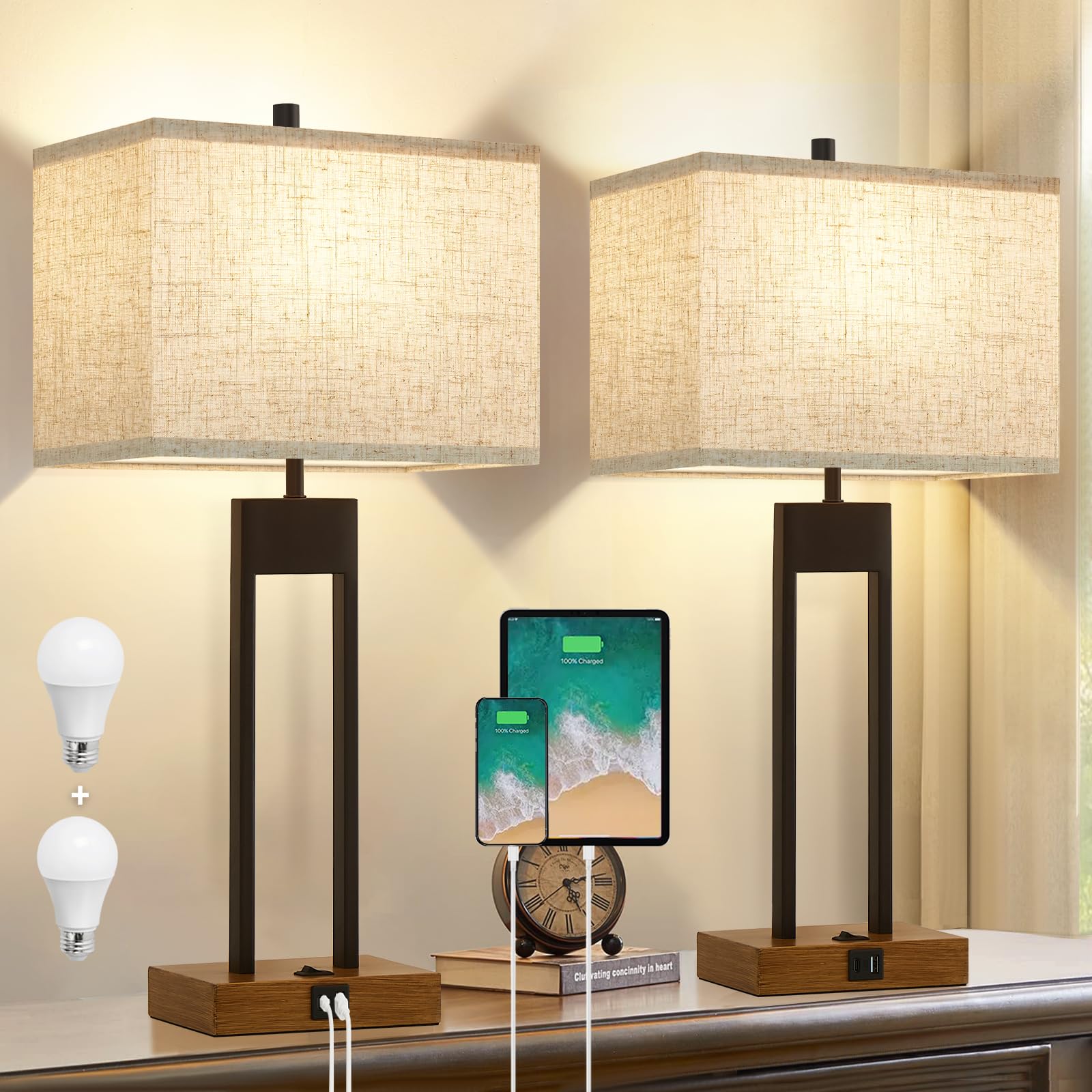 25.5’’ Set of 2 Table Lamp with USB C+A Ports, 3 Colors Changeable ...