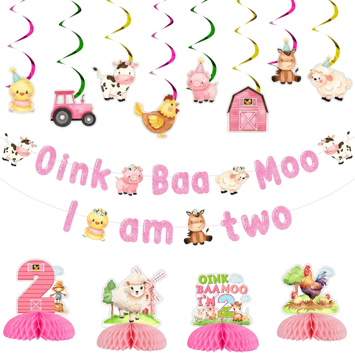Amazon.com: JOYMEMO Pink Farm Animals 2nd Birthday Party Decorations ...