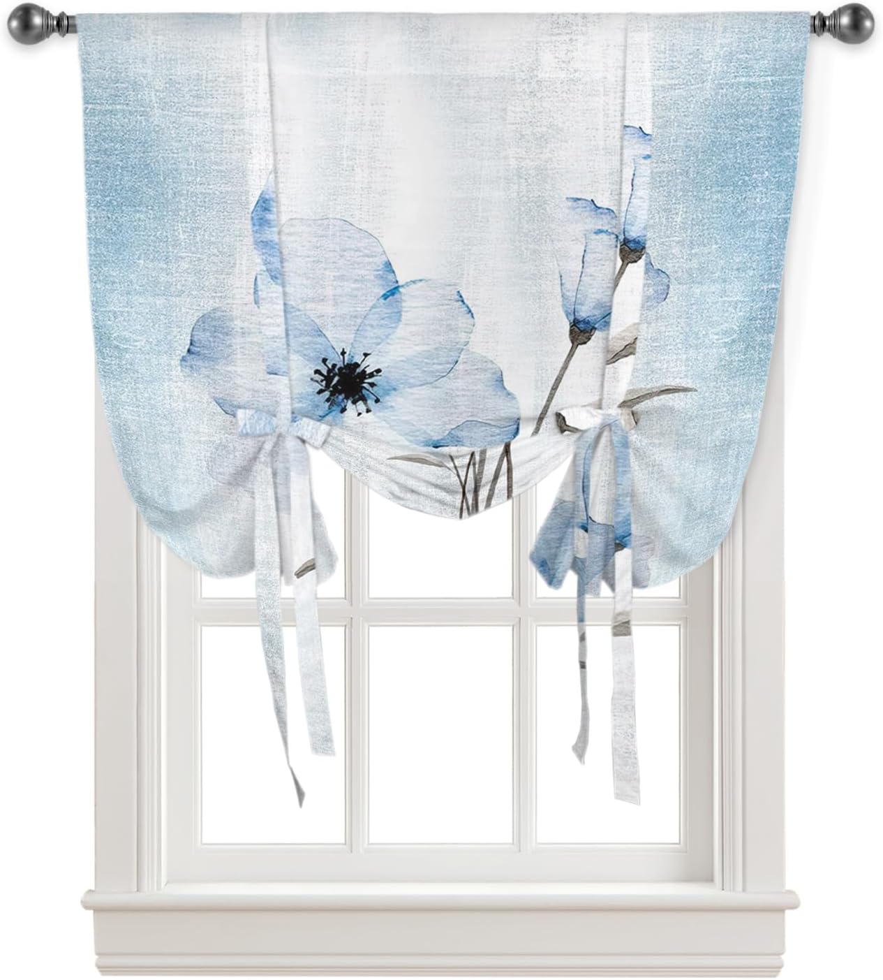 Amazon.com: Yukro Tie Up Curtains Window Shades, Blue Poppy Flower Ink ...