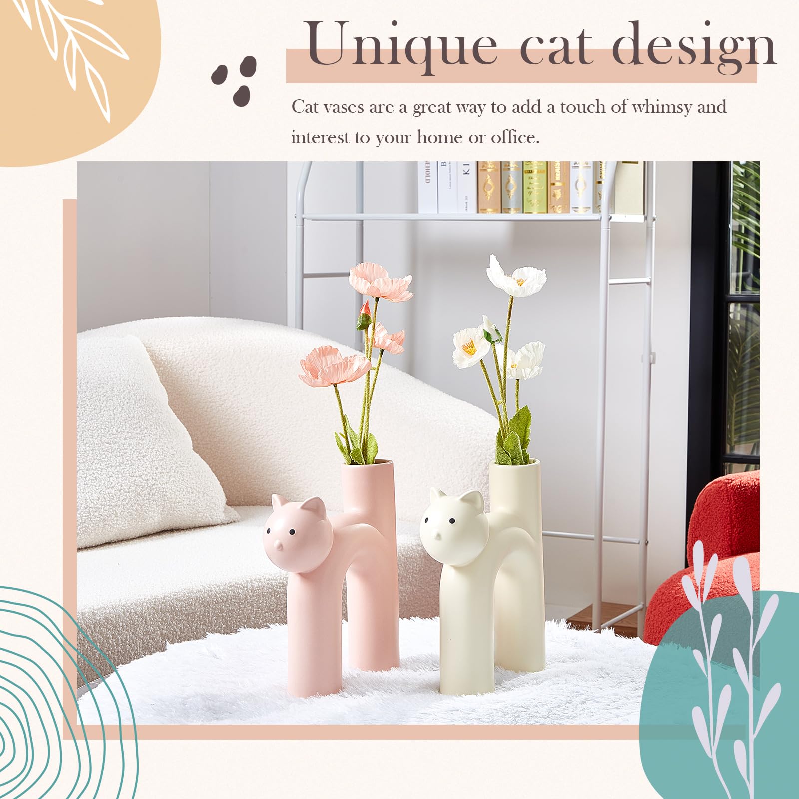 Bokon 2 Pcs Cat Shaped Ceramic Flower Vase Twist Pipe Shaped Cat Vase ...