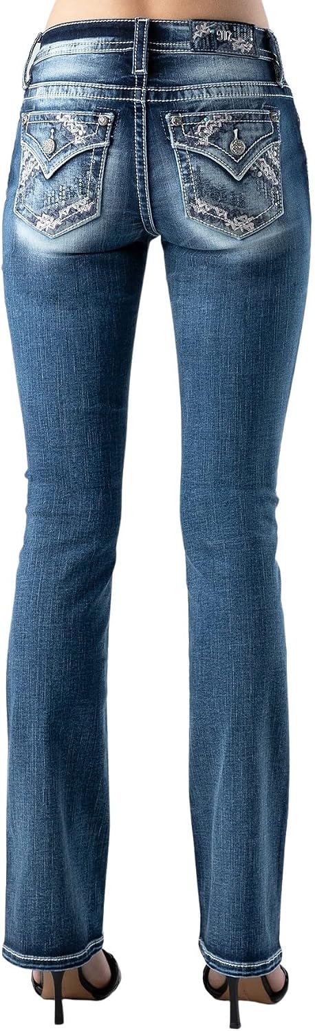 Miss Me Women's Mid-Rise Angular Zig Zag Embellished Bootcut Jeans with ...