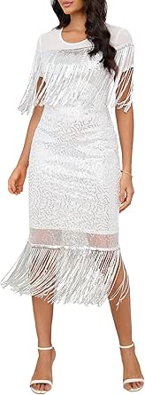 VERWIN Women's Fringe Maxi Sequins Short Sleeve Tassels Dress for Prom ...