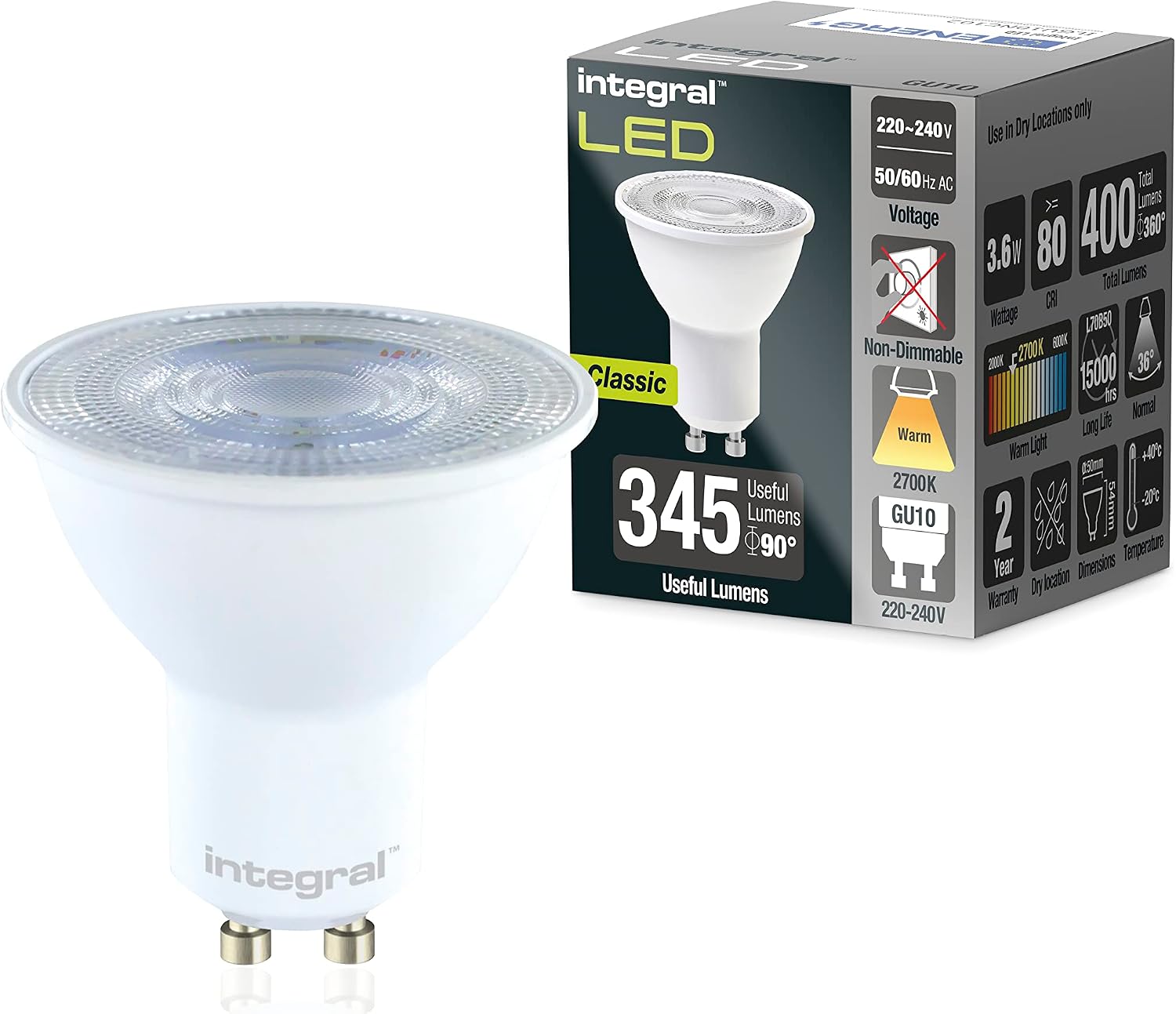 Integral GU10 5 Pack LED Bulb Cool White 4000K, 400LM, 3.6W (Equivalent ...