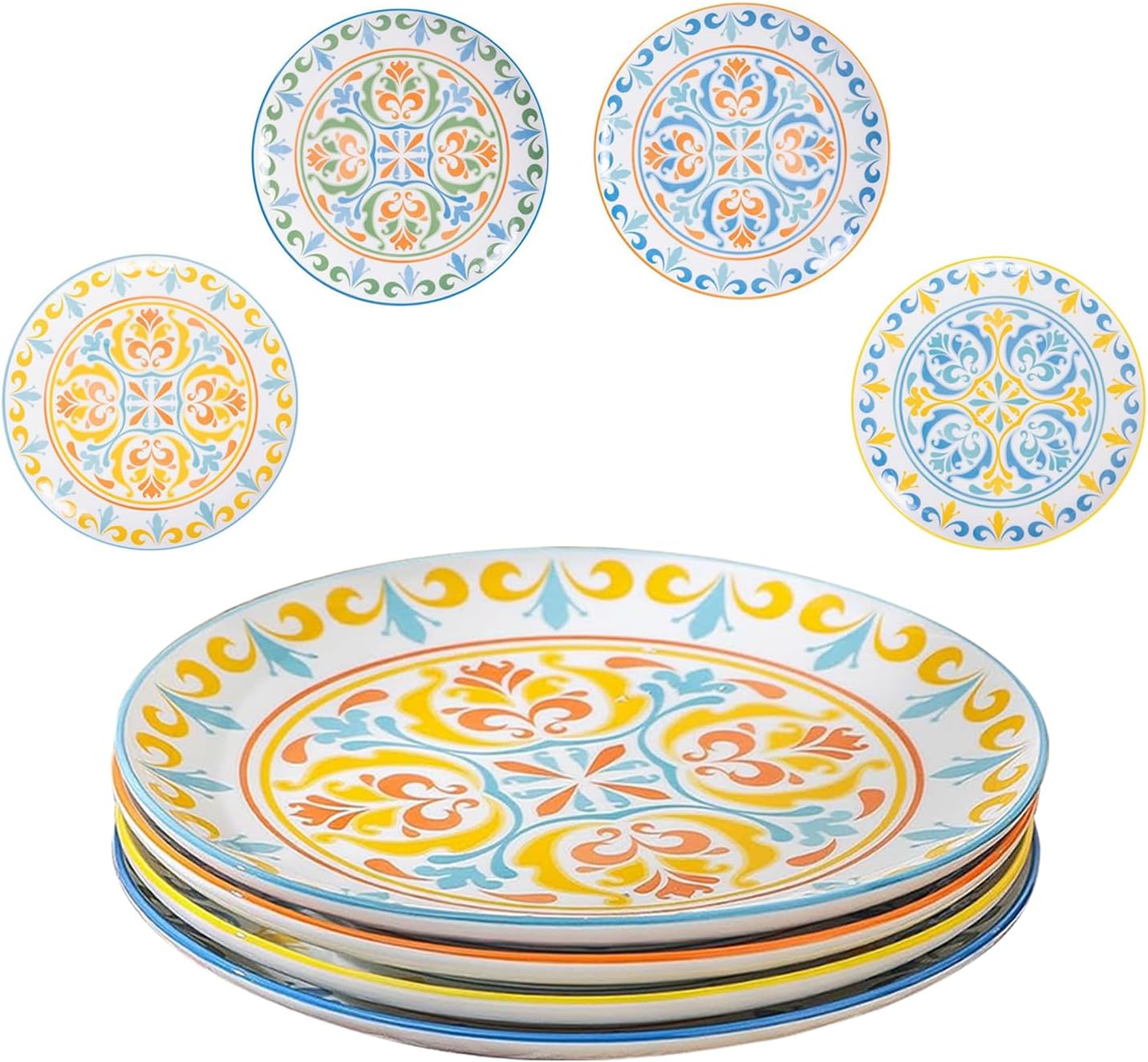 Amazon.com | Yachi 8 Inch Salad Plate Set: 4 Pack Colorful Round ...
