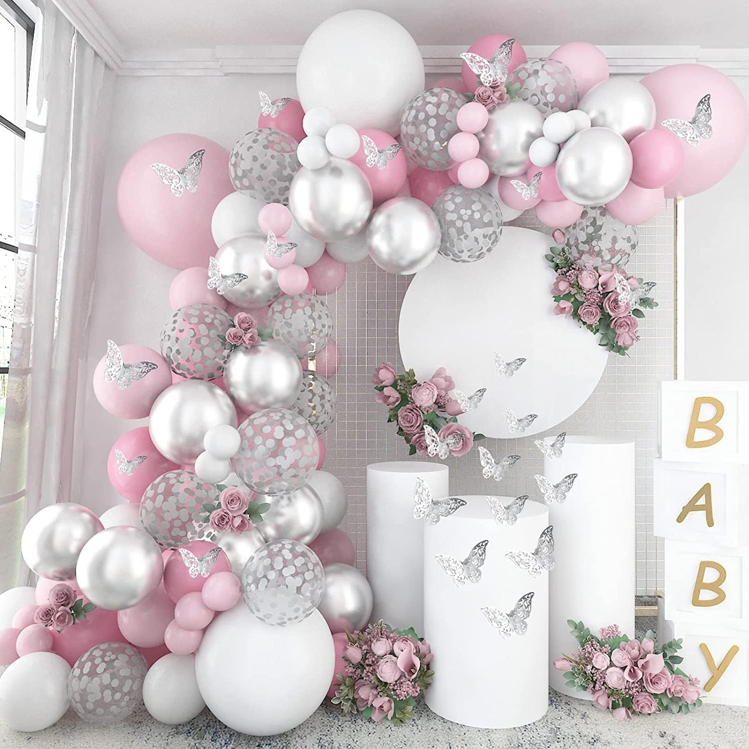 AM ANNA Pink Balloon Garland 144 Pcs Silver Pink White Balloon Arch Kit ...