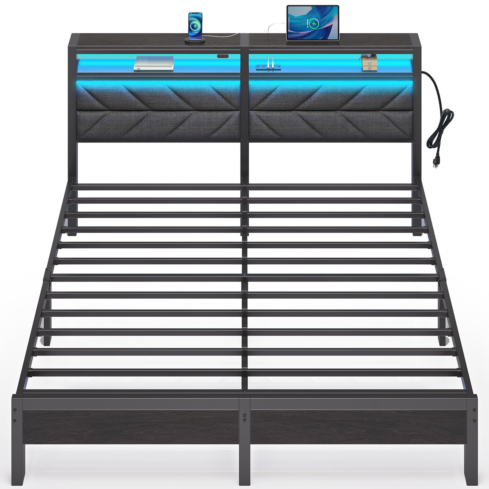 Seventable Bed Frame King Size with Charging Station, LED Bed with ...