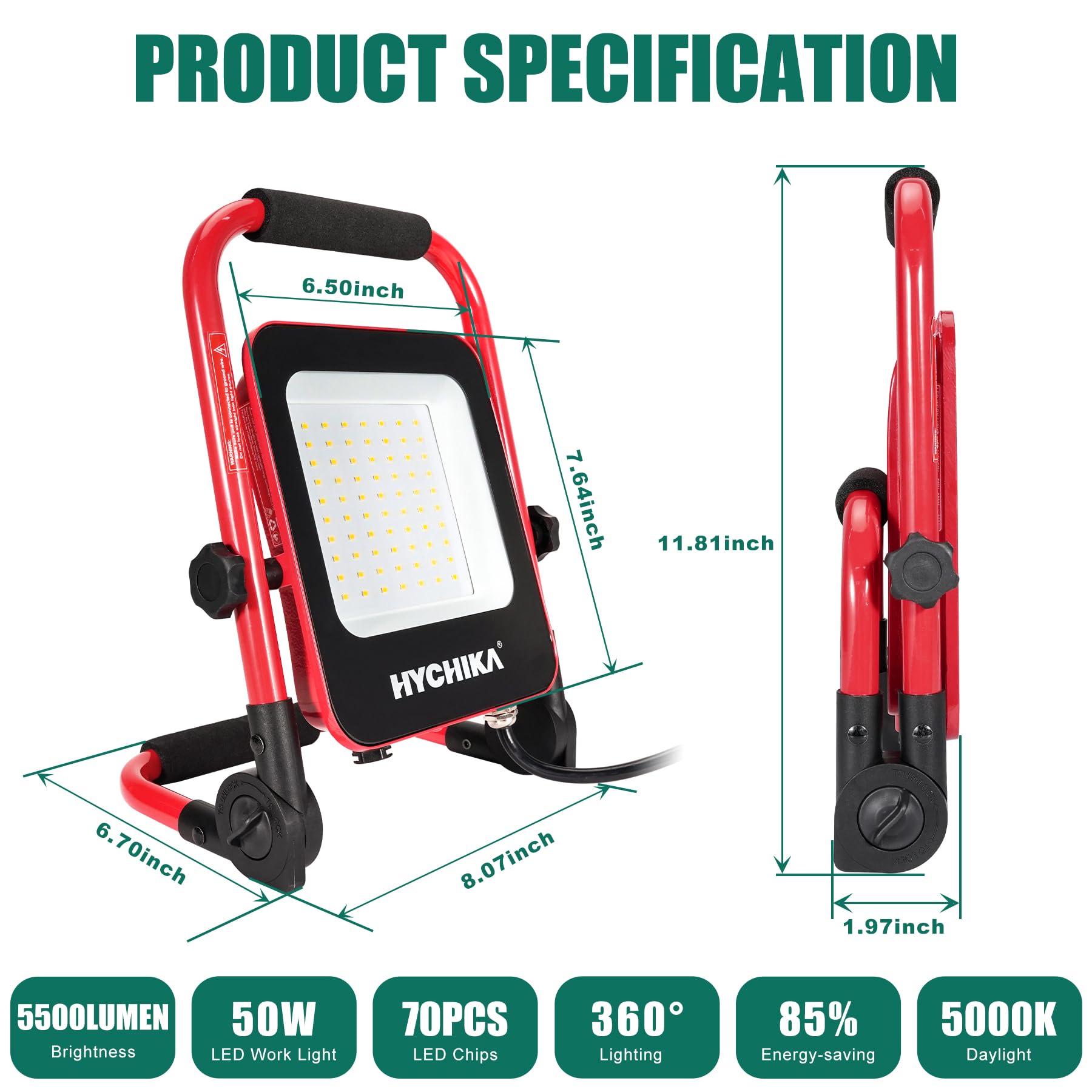 Snapklik.com : HYCHIKA 50W LED Work Light, 5500 Lumen Portable Flood Lights