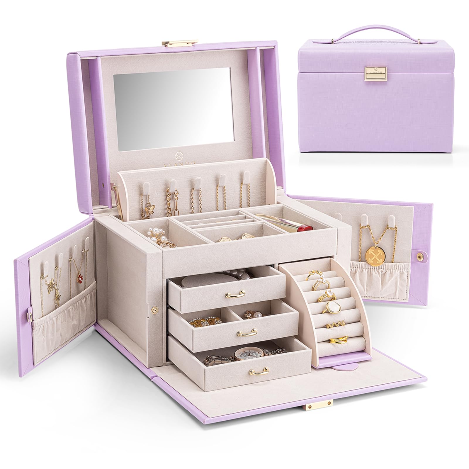 Amazon.com: Vlando Mirrored Jewelry Box Organizer, Leather Jewelry ...