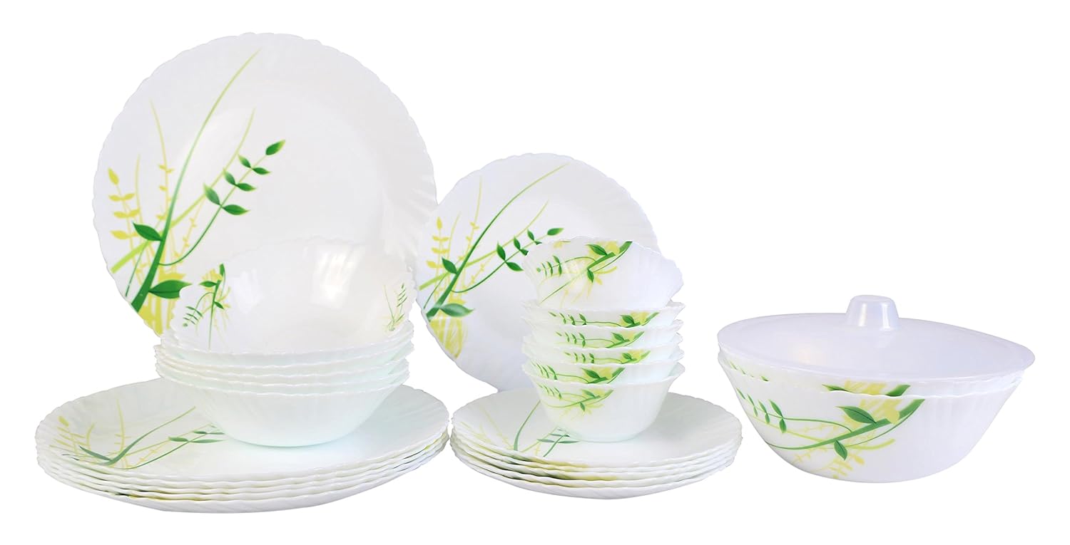 Buy Larah By Borosil Green Herbs Opalware Glass Dinner Set, 27-Pieces ...