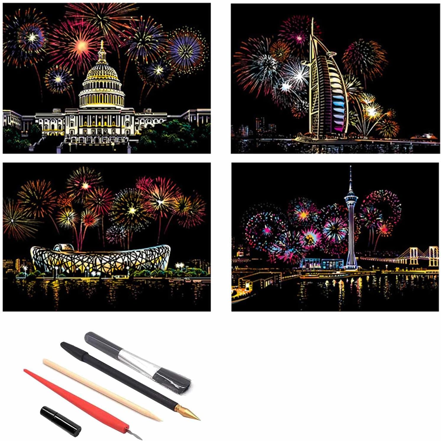 QINXUANGE 4PCS Scratch Art Scratch(21×29cm) Paper City Fireworks ...