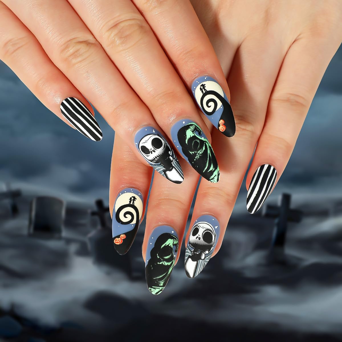 Amazon.com: Almond Press on Nails Halloween Fake Nails with Grim Reaper ...
