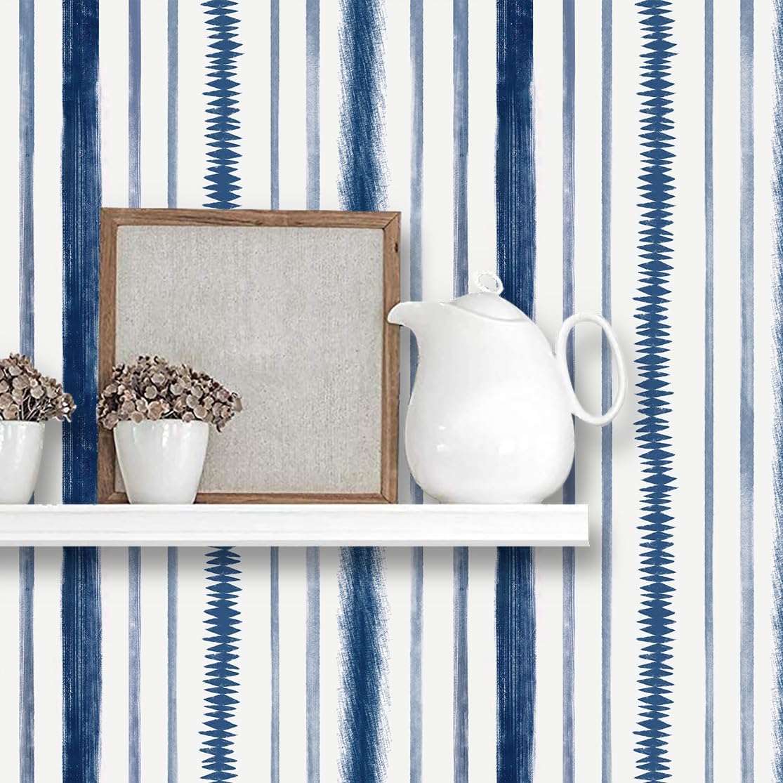 Timeet Blue and White Wallpaper Line Peel and Stick Wallpaper 17.3 "x ...