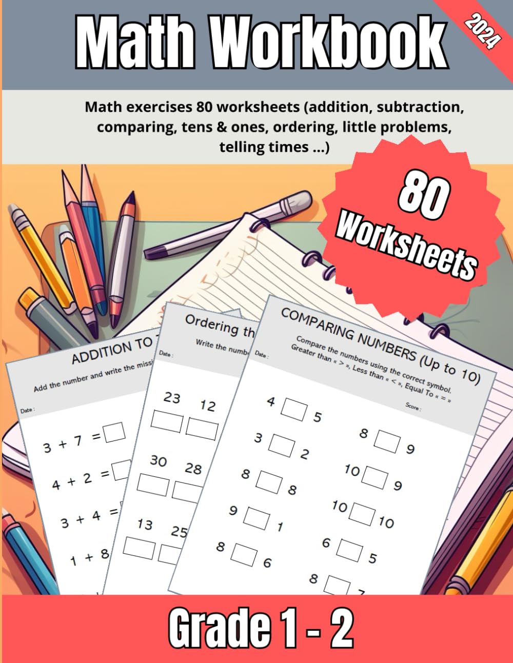Math workbook : Grade 1 - 2: Math exercises 80 worksheets (addition ...