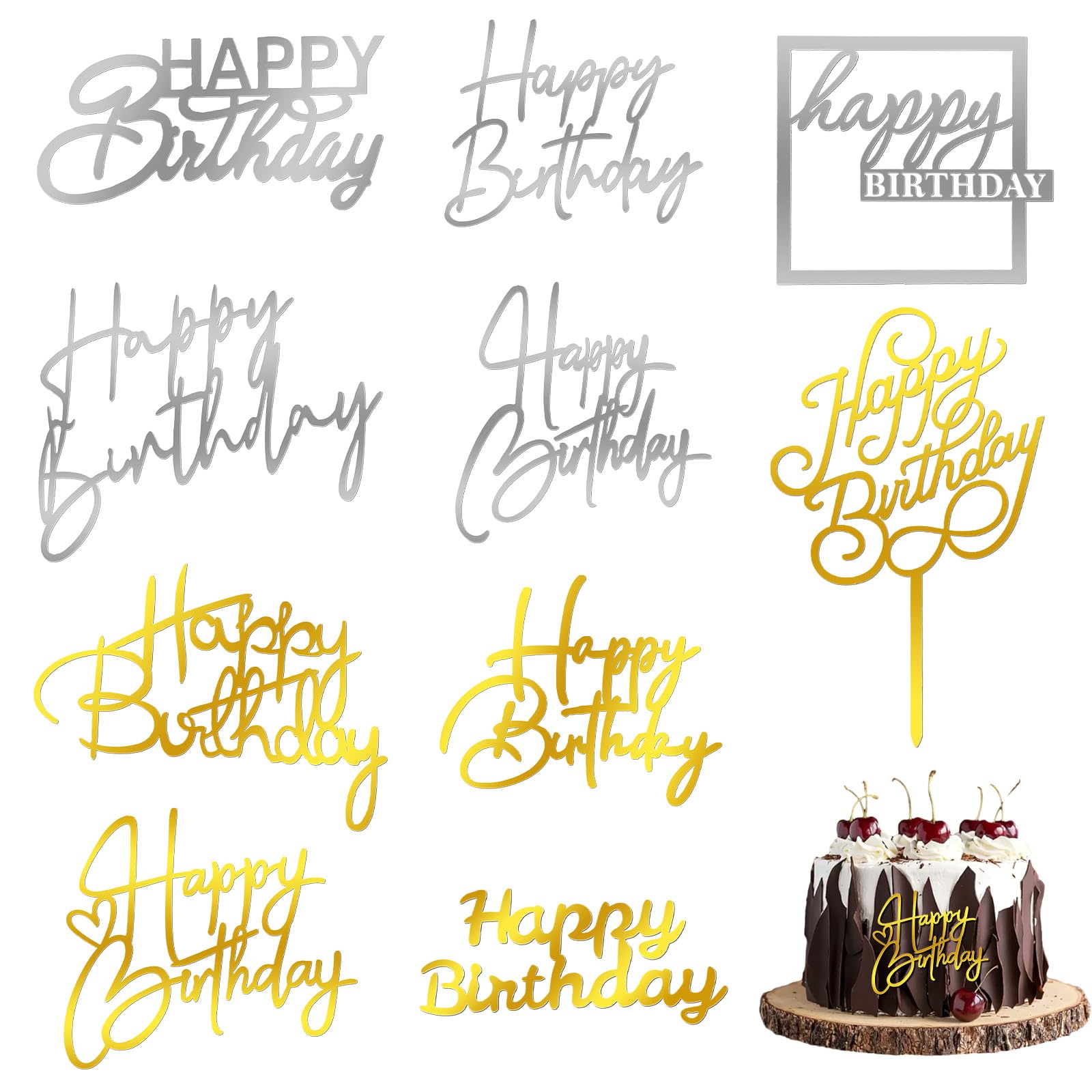 Amazon.com: 10PCS Happy Birthday Cake Toppers Side Mirror Acrylic Cake ...