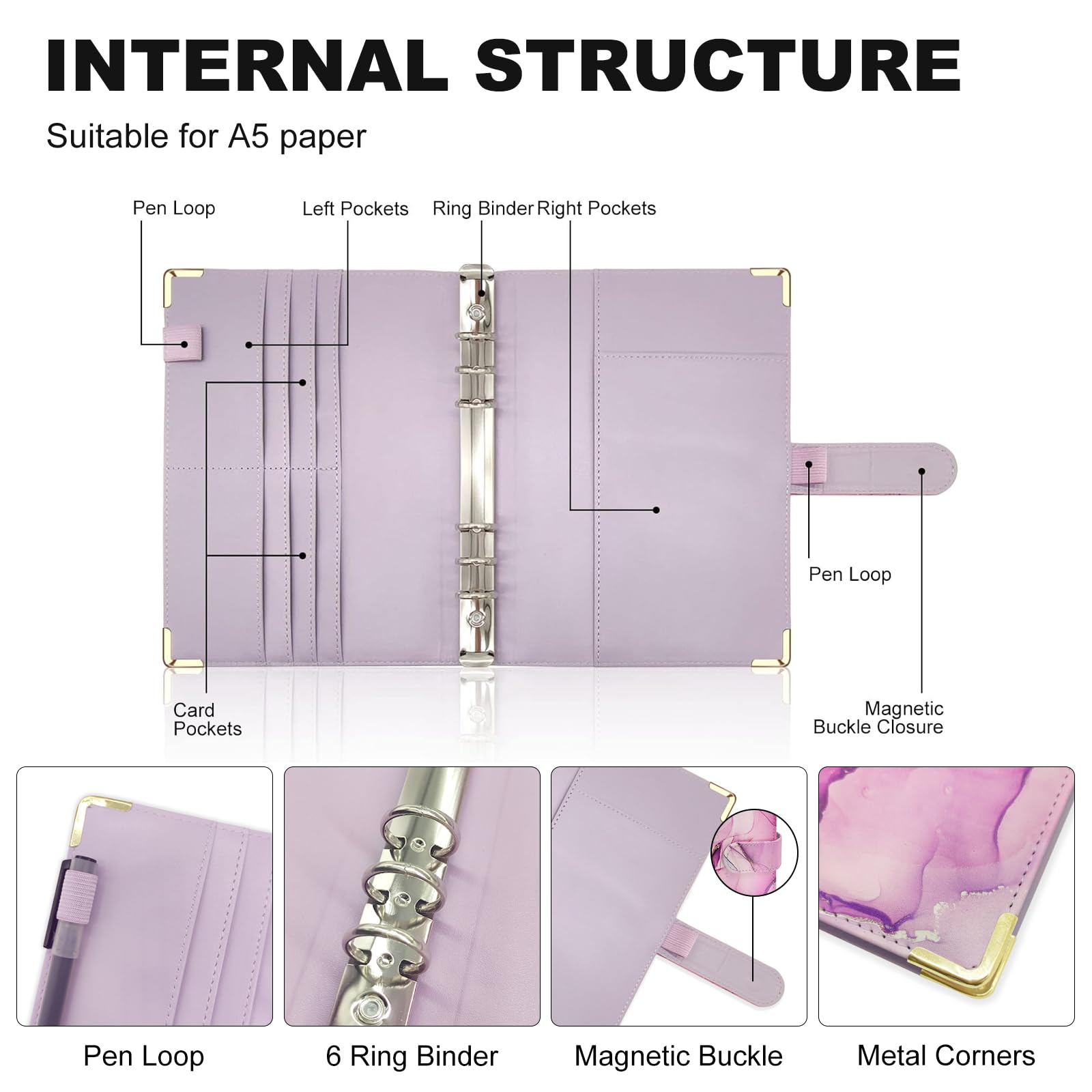Snapklik.com : A5 Refillable 6 Ring Faux Leather Budget Binder,Mini ...