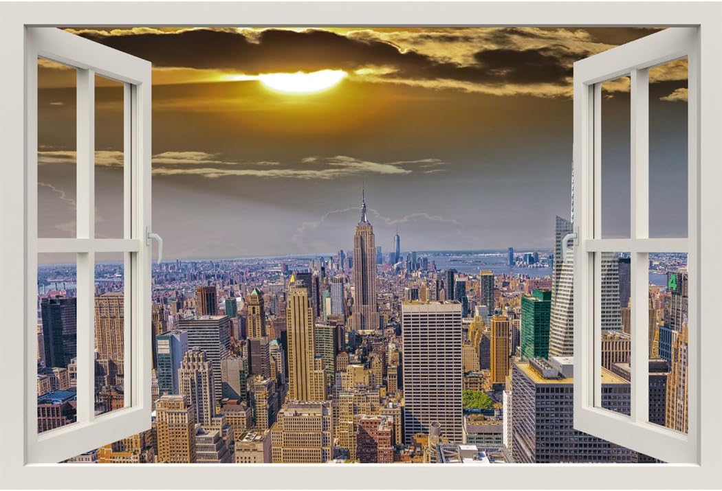RoyalWallSkins Window Frame Mural View of New York City at Nightfall ...