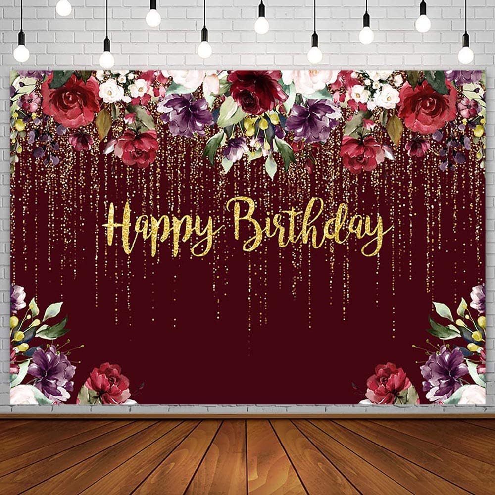 Amazon.com : Sensfun Burgundy Floral Happy Birthday Backdrop Flowers ...