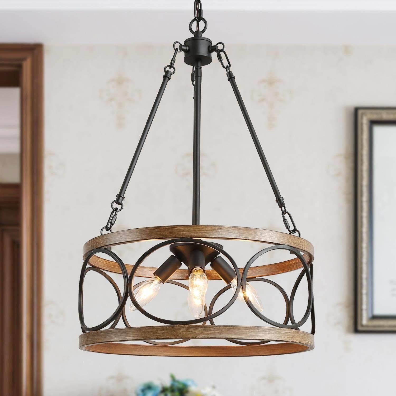 Farmhouse Chandelier, 4-Light Rustic Drum Round Dining Room Chandelier ...