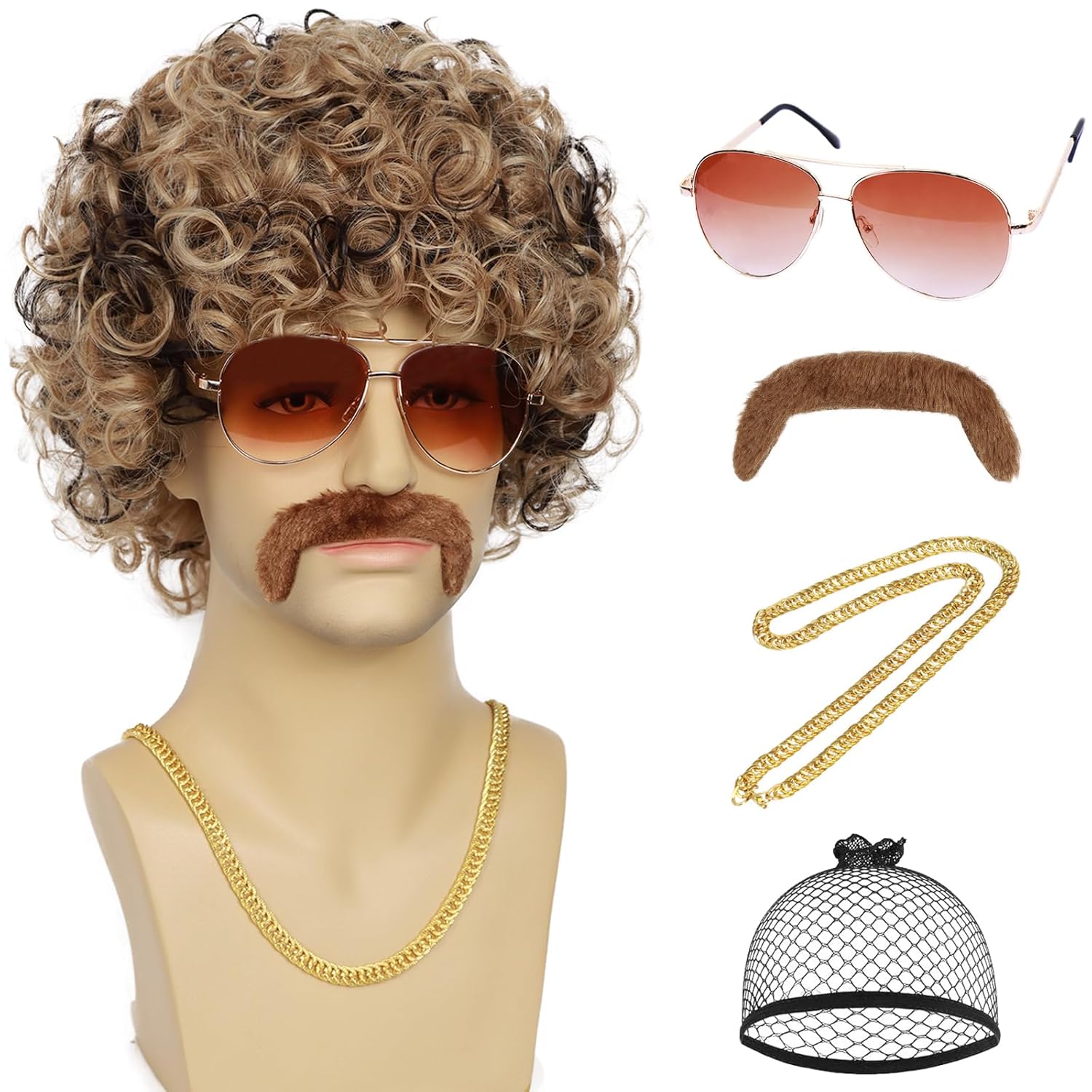 Amazon.com: Wallden Hair 70s 80s Mens Disco Wig with Mustache Glasses ...