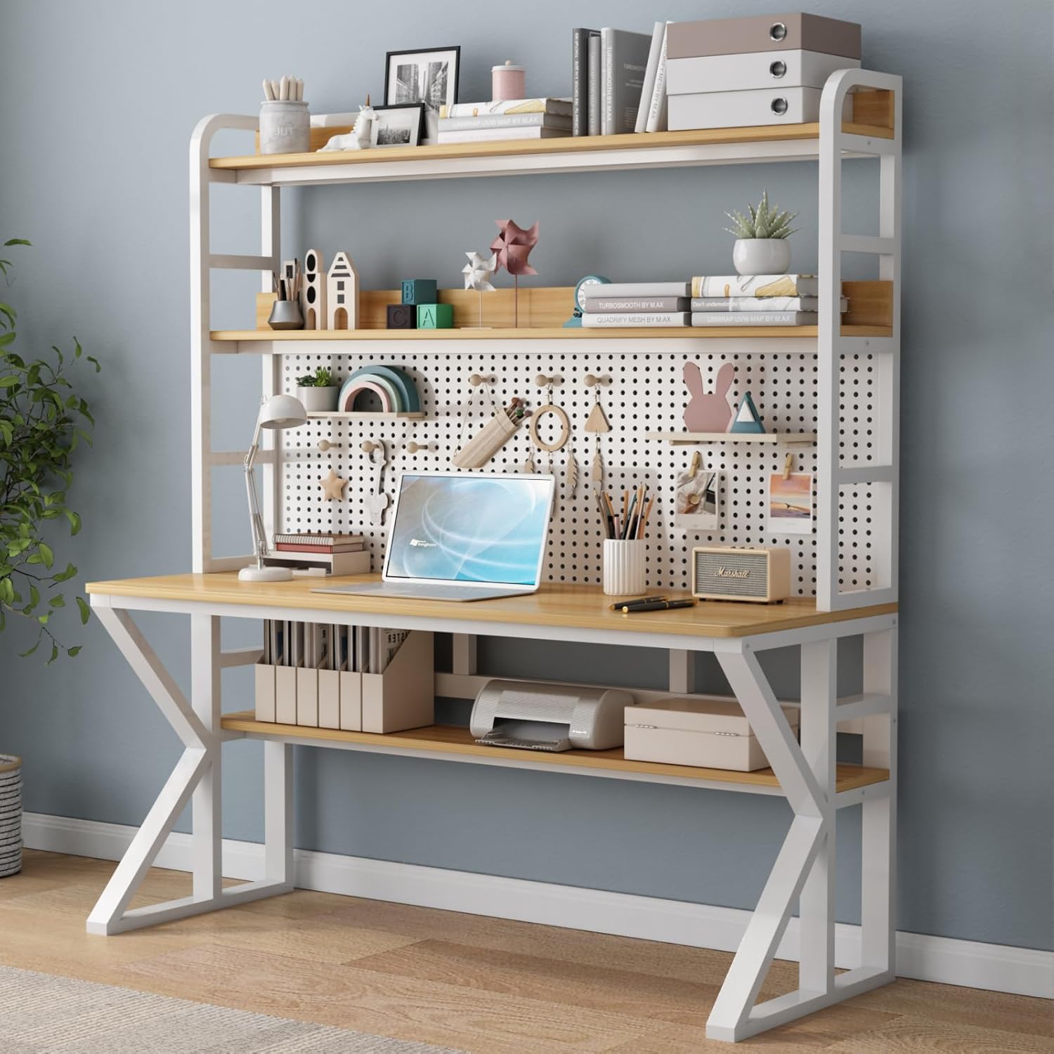 Amazon.com: FAANAS Computer Desk with Storage Shelves & Pegboard, Solid ...