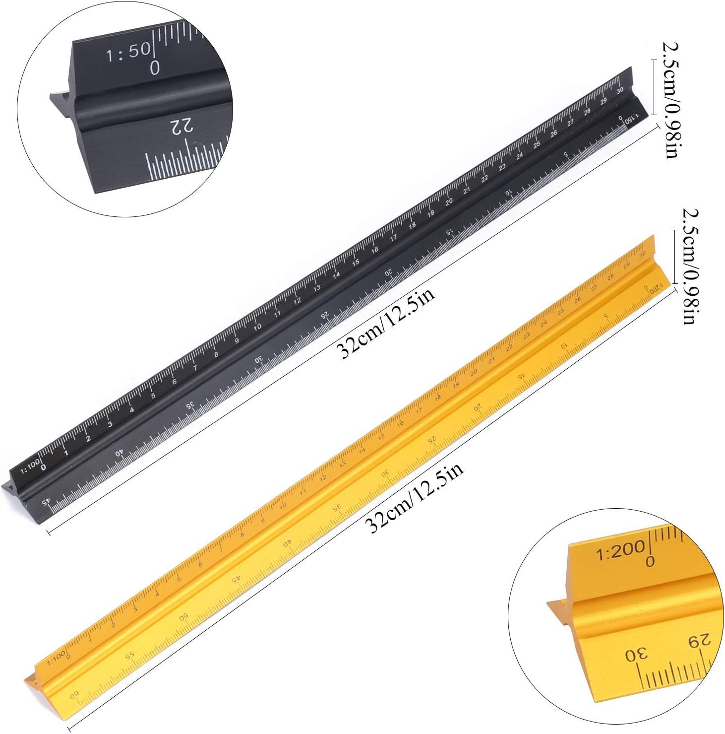 Roudaru 2PCS 30cm Metal Scale Ruler Aluminium Triangular Scale Ruler ...