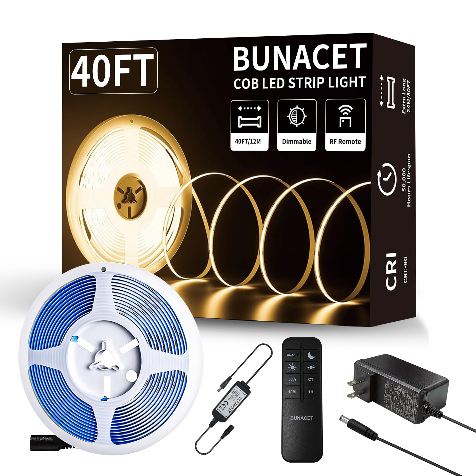 BUNACET 40ft COB LED Strip Light, Bright 6500K White LED Strip Lights ...