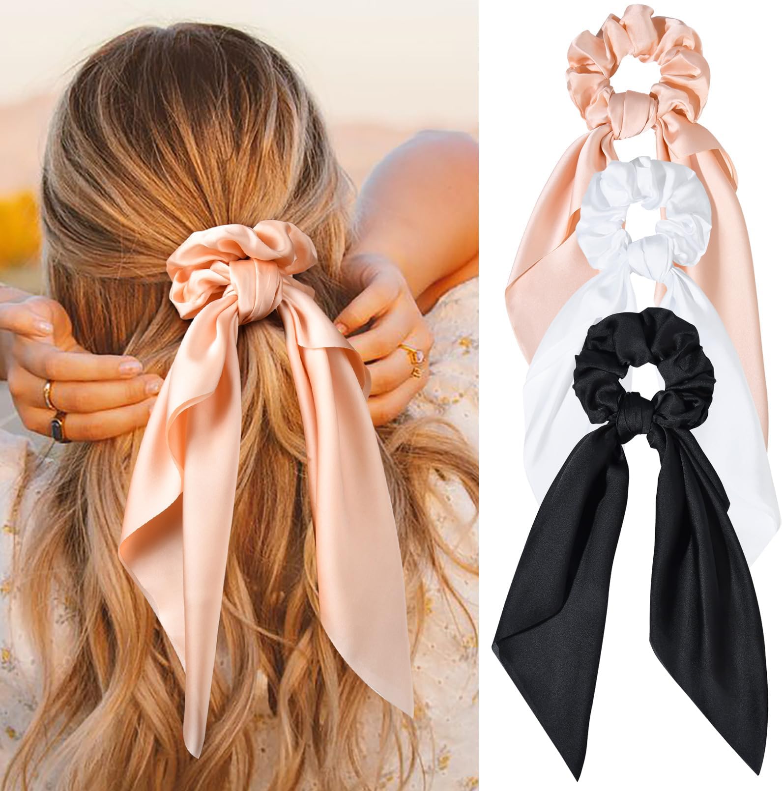 Amazon.com : 3PCS Hair Scarf Scrunchies HairRibbons for Women Satin ...