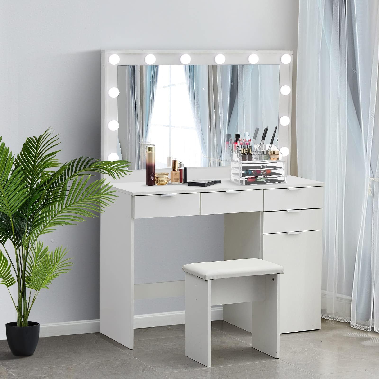 LEMROE Coiffeuse avec Hollywood LED Miroir et Tabouret Blanche,Table de ...