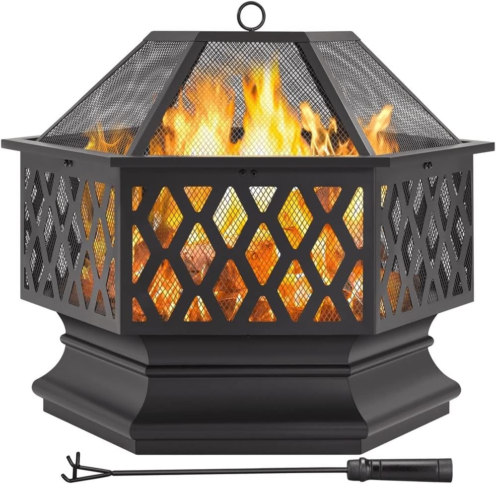 Amazon.com : TROKI 28" Hex-Shaped Steel Fire Pit Wood Burning with ...