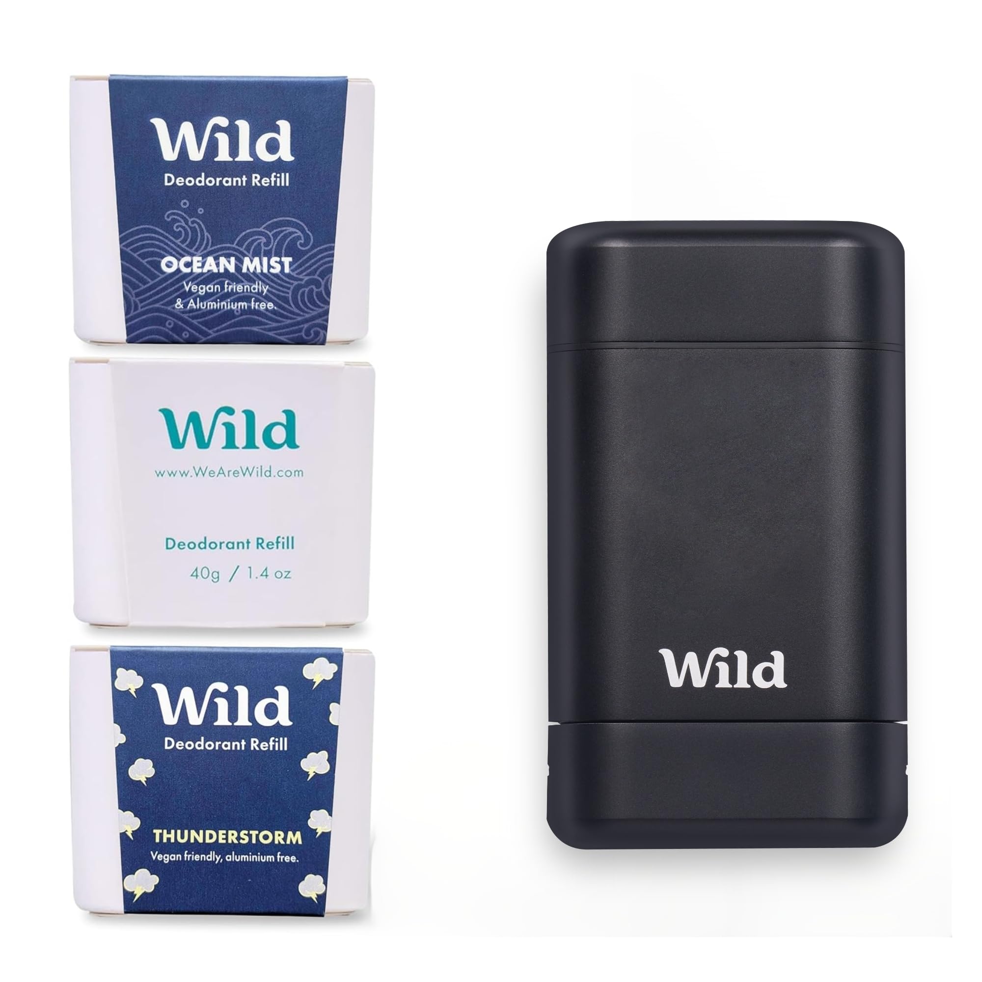 Wild - Mens Natural Refillable Deodorant Starter Kit - Black Case with ...
