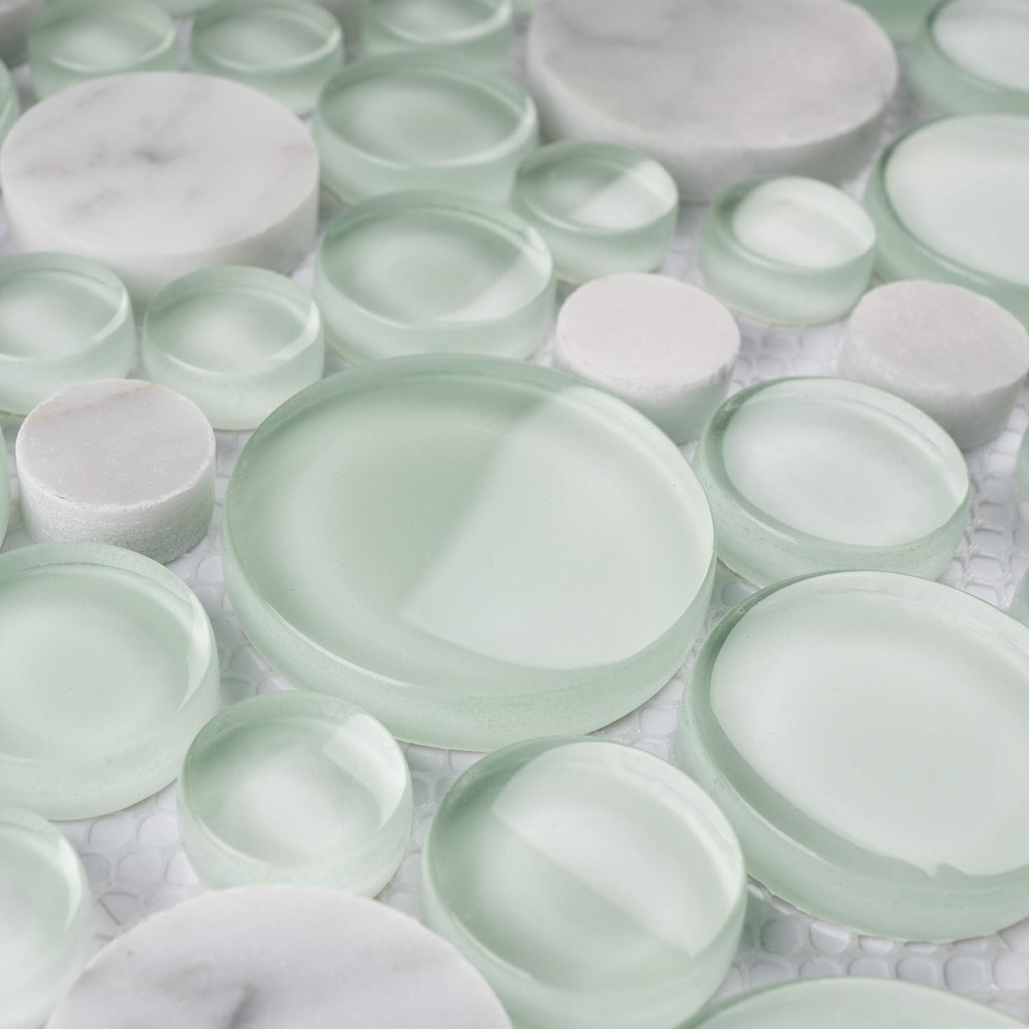 Tenedos Bubbles Snow Dove Glass Mosaic Wall Tile with White Marble with ...