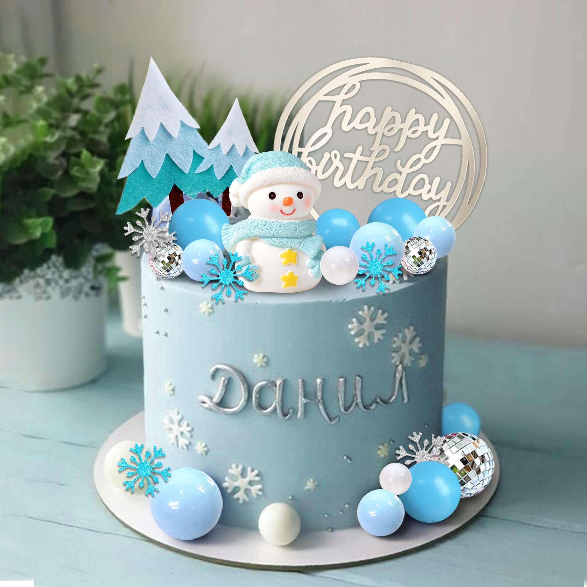 Amazon.com: Snowman Cake Topper Winter Cake Decorations Snowflakes Blue ...