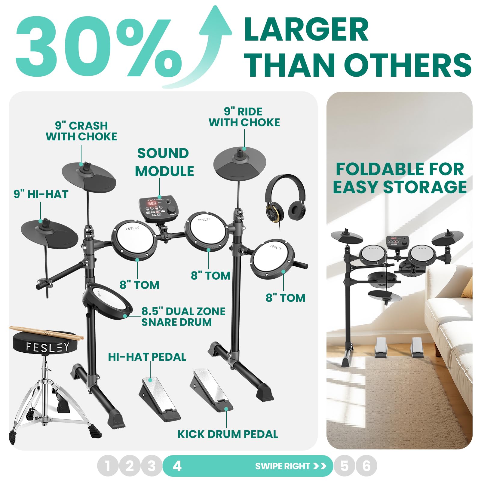 Snapklik.com : Fesley FED150 Electric Drum Set: Dual Zone Snare Drum, 2 ...