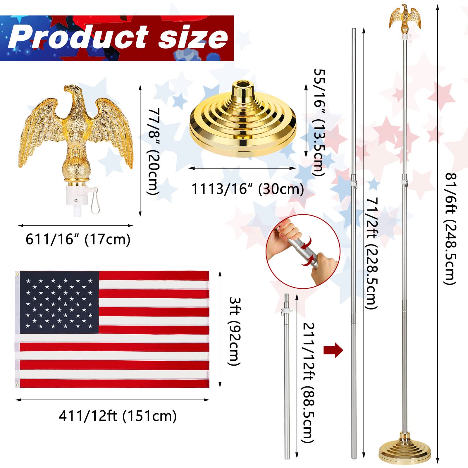 3 Sets 8 ft Telescoping Indoor Flag Pole Kit 3 x 5 ft US American Flag with Eagle Topper ...