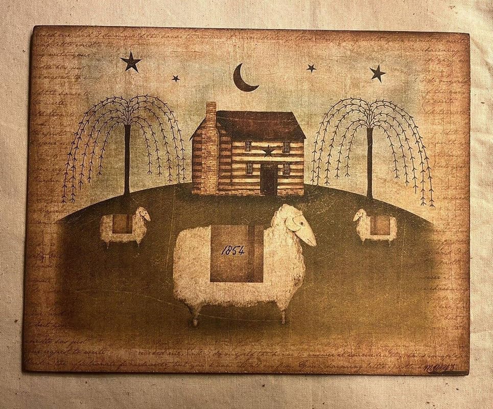 Amazon.com: Prim Log House, Sheep, Primitive, Plaque Sign Decorative ...