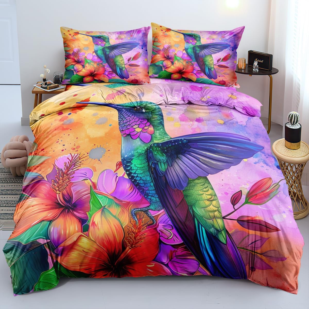 Amazon.com: CCoutueChen Hummingbird Duvet Cover Queen Size Tropical ...