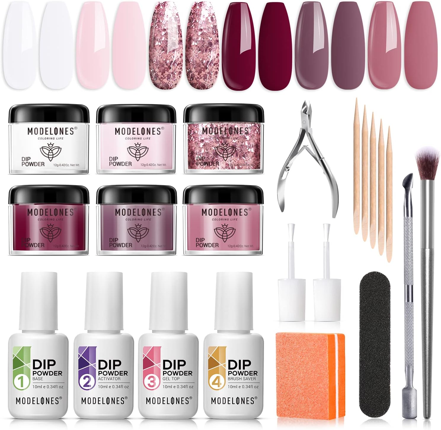 Amazon.com: Modelones Dip Powder Nail Kit, 6 Colors White Nude Wine Red ...