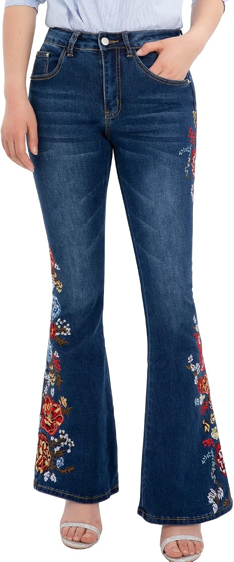 Women's Floral Embroidered Flare Bell Bottom Jeans,Vintage-Inspired ...