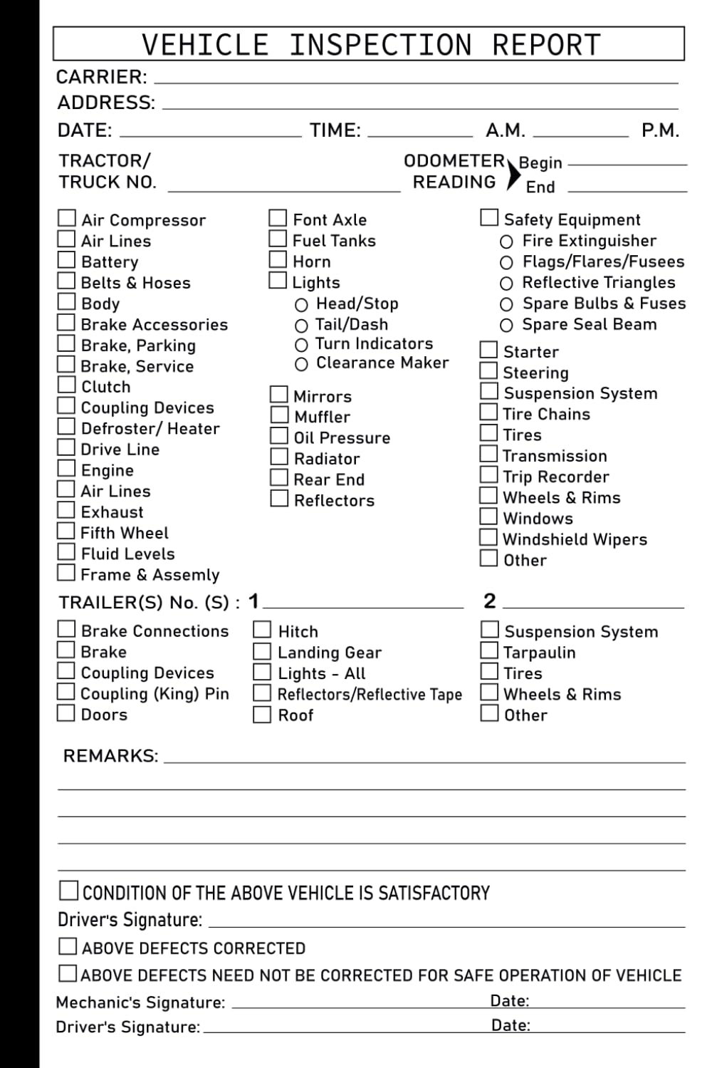 Driver Vehicle Inspection Report Book: Vehicle's Daily Inspection ...