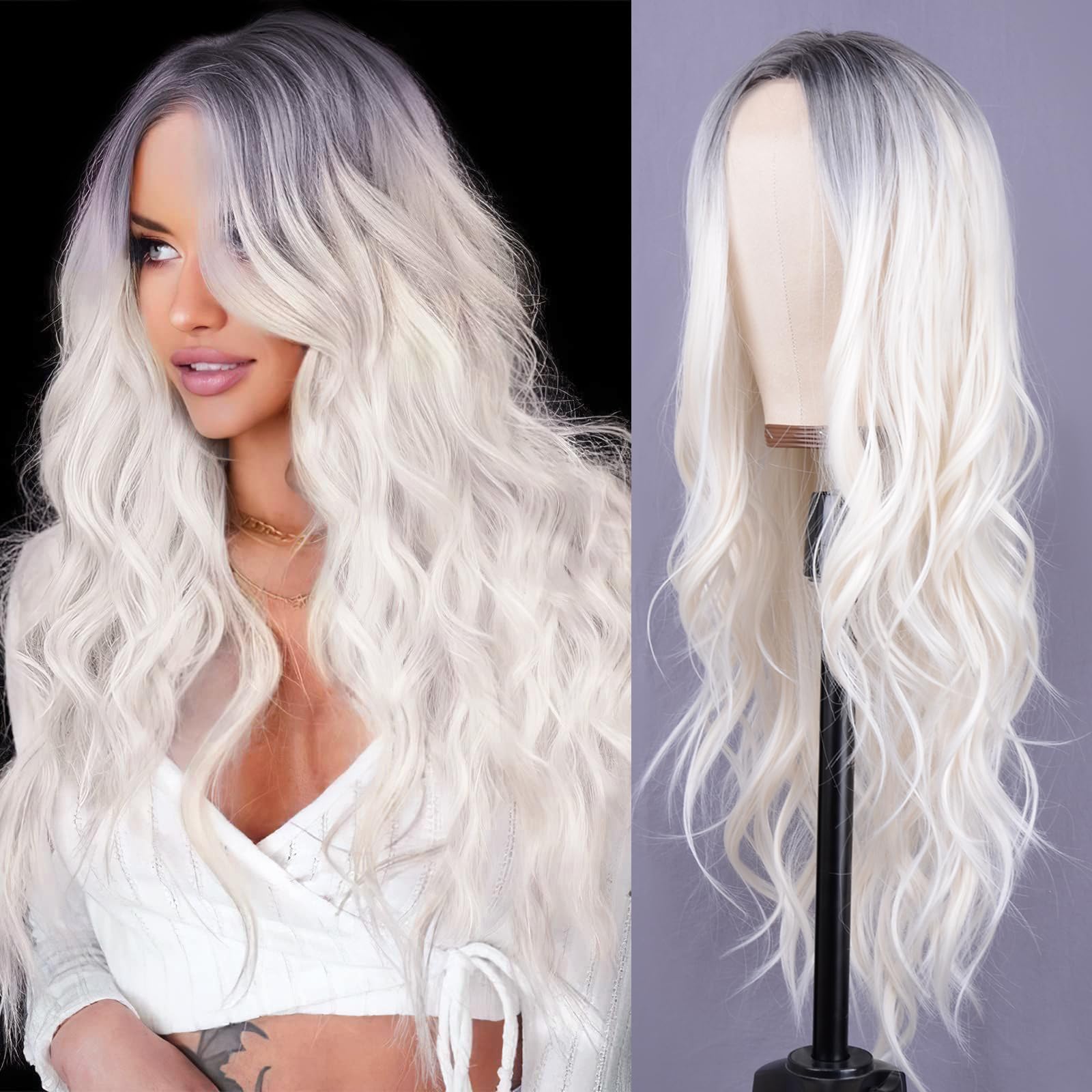 Amazon.com: Aida ble White Long Wavy Wig for Women -26inch Middle Part ...