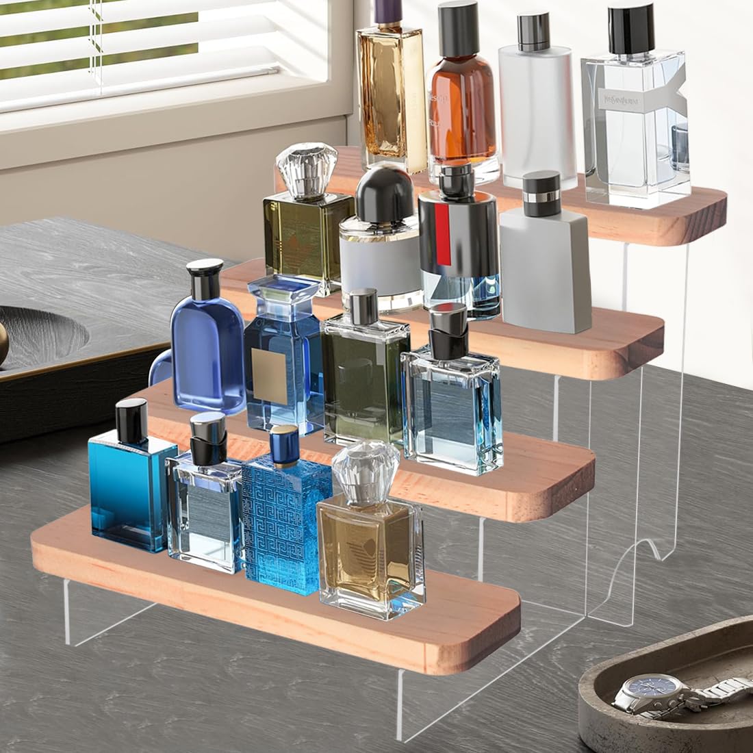 Snapklik.com : Acrylic Riser Display Shelf,Wood Acrylic Perfume Stand ...