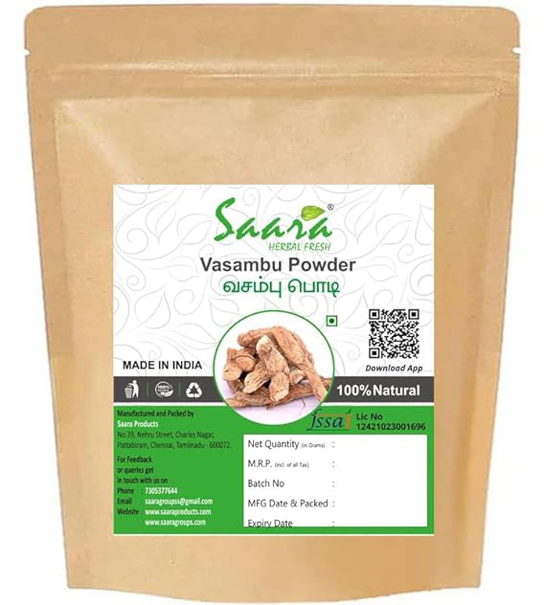 Buy Saara HERBAL FRESH Vasambu Powder, 100g, Sweet Flag powder, Vacha ...